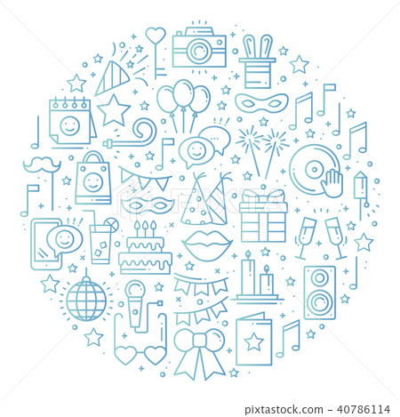 Circle with Party Symbols in Line Style. Basic... - Stock Illustration ...