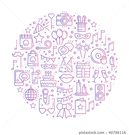 Circle with Party Symbols in Line Style. Basic... - Stock Illustration ...