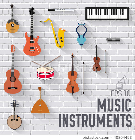 Music instruments on white modern brick wall - Stock Illustration ...