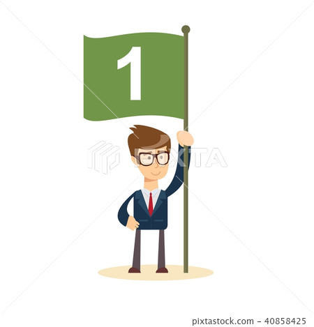 Happy businessman with number one flag. Start... - Stock Illustration ...