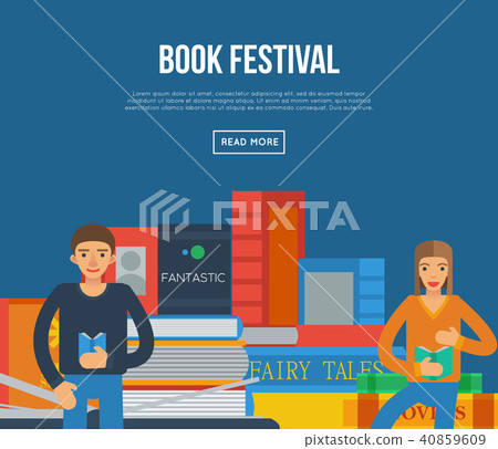 Book festival poster with people reading books - Stock Illustration ...