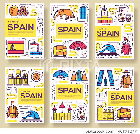 Spain vector brochure cards thin line set. Country - Stock Illustration ...