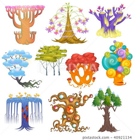 Magic tree vector fantasy forest with cartoon... - Stock Illustration ...