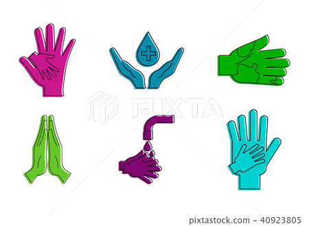 Hand protect icon set, color outline style - Stock Illustration ...
