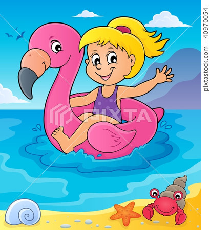 Girl floating on inflatable flamingo 4 - Stock Illustration [40970054 ...