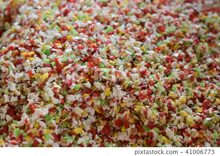 Waste plastic recycling (crushed to chip shape... - Stock Photo ...