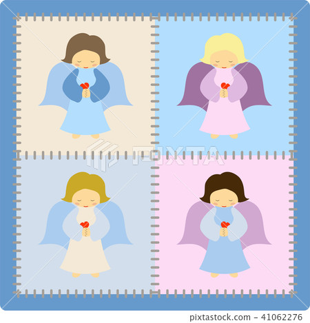 Four cute colorful angels on patchwork background - Stock Illustration ...
