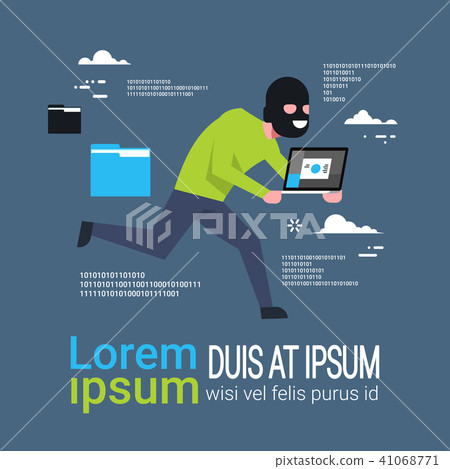Man In Black Mask Tapped Laptop Run Away Hacker... - Stock Illustration ...