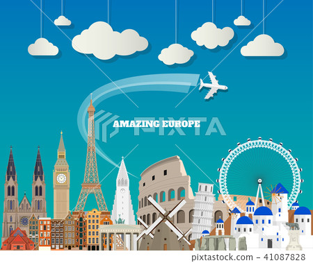 Europe famous Landmark paper art. Global Travel. - Stock Illustration ...
