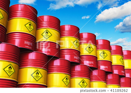Group of red stacked oil drums against blue sky - Stock Illustration ...