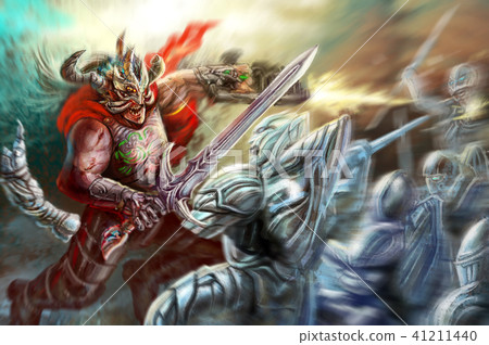 A brave knight of fire against the ice army - Stock Illustration ...