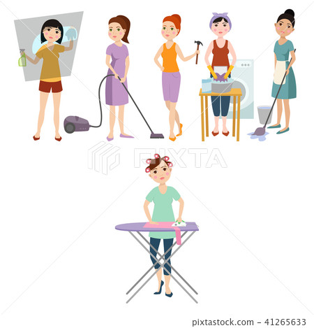 Housewifes homemaker woman cute cleaning... - Stock Illustration ...