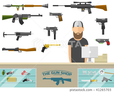Weapon banner with men choosing gun and... - Stock Illustration ...
