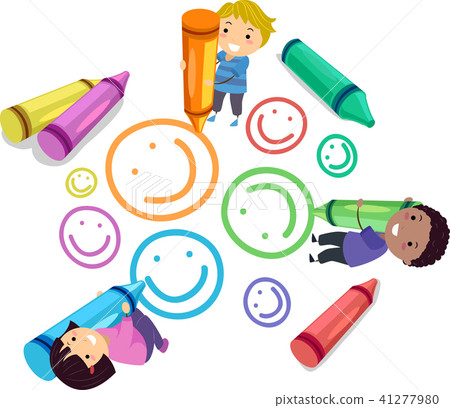 Stickman Kids Crayon Draw Smiley Illustration - Stock Illustration ...