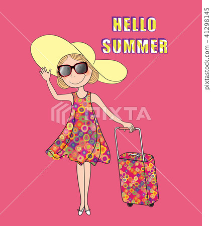 Travel background. HELLO SUMMER card, girl, trunk - Stock Illustration ...