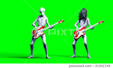 Funny alien plays on bass guitar. Realistic... - Stock Illustration ...