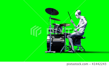 Funny alien plays on drums. Realistic motion... - Stock Illustration ...