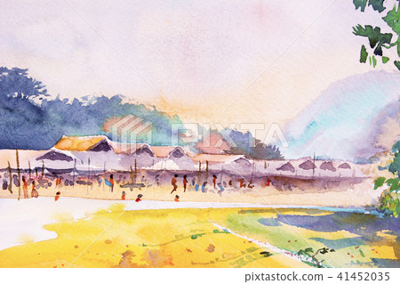 Watercolor painting landscape of the riverside. - Stock Illustration ...