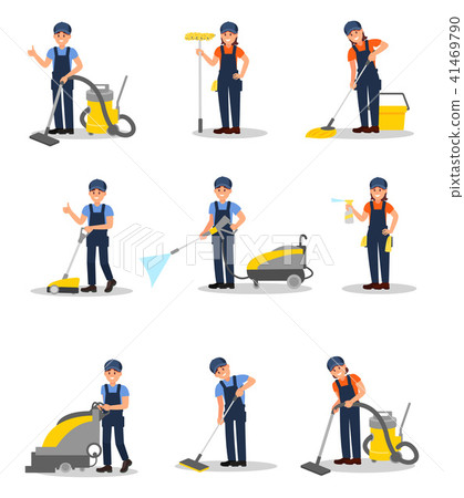 Flat vector set of professional cleaners with... - Stock Illustration ...