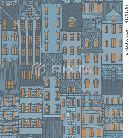 Dark City Pattern with Cute Houses in... - Stock Illustration [41501265 ...