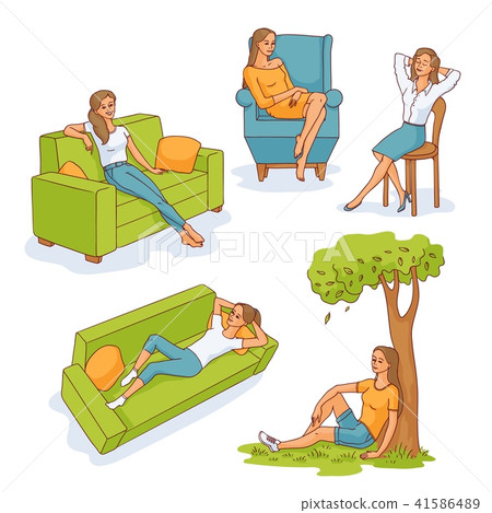Vector sketch young woman resting set - Stock Illustration [41586489 ...