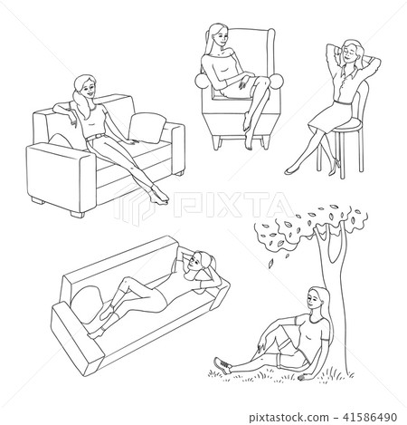 Vector sketch young woman resting set - Stock Illustration [41586490 ...