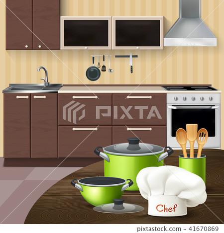 Kitchen Interior With Cookware Illustration - Stock Illustration ...