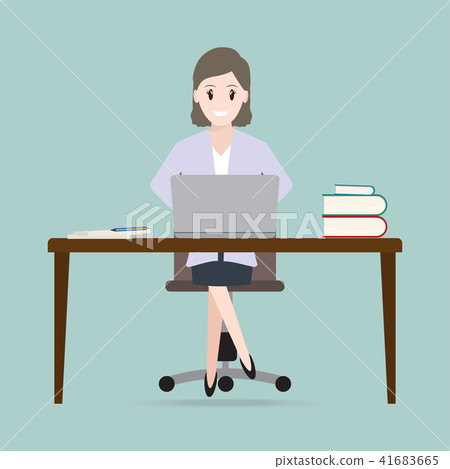 Woman sitting front of computer on work table icon - Stock Illustration ...