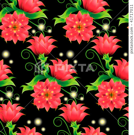 Seamless pattern with magic red flowers on black - Stock Illustration ...