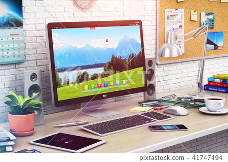 Desktop computer in modern office home workspace - Stock Illustration ...