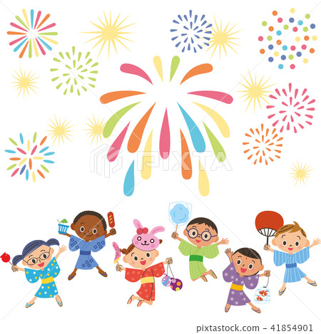 Watching fireworks with children - Stock Illustration [41854901] - PIXTA