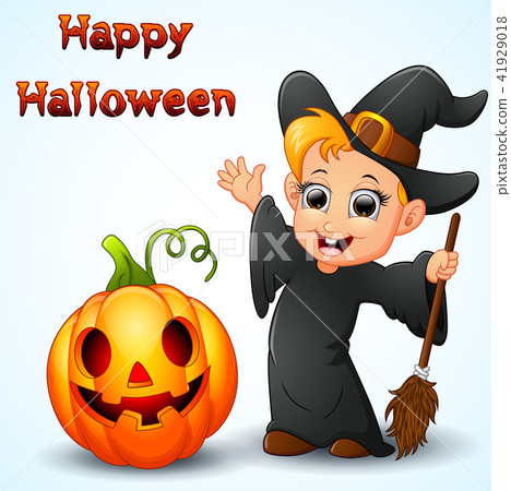 Cartoon little witch waving and pumpkin - Stock Illustration [41929018 ...