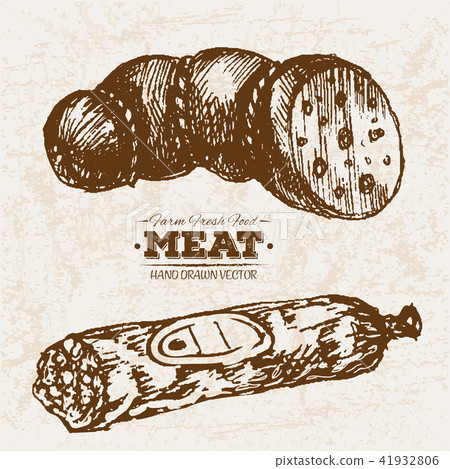 Hand drawn sketch salami meat products set - Stock Illustration ...