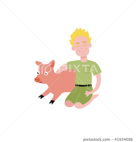 Flat teen boy hugging pig domestic pet - Stock Illustration [41934086 ...