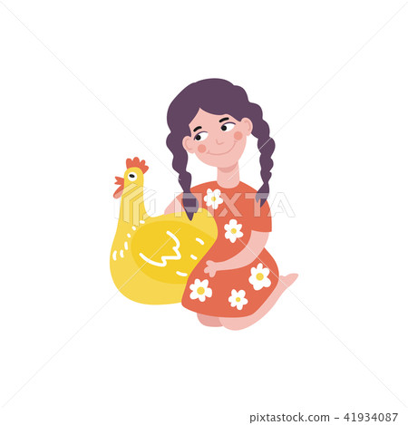 Flat teen girl hugging chicken domestic bird - Stock Illustration ...