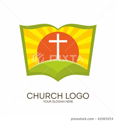 Church logo. Christian symbols. Bible, sun and cro - Stock Illustration ...