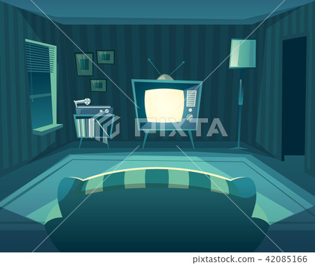 Vector cartoon living room at night, interior-插圖素材 [42085166] - PIXTA圖庫