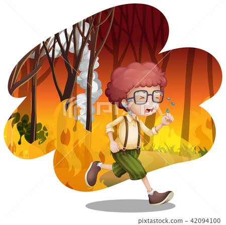 A Boy Running from Wildfire - Stock Illustration [42094100] - PIXTA