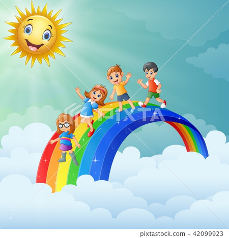 Children standing over the rainbow with smiling su - Stock Illustration ...