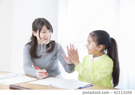 Elementary school girl studying English teacher... - Stock Photo ...