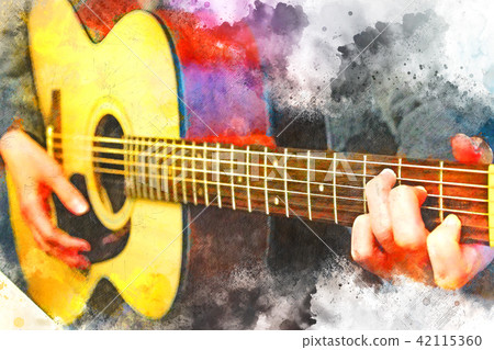 Colorful playing guitar on watercolor painting - Stock Illustration ...