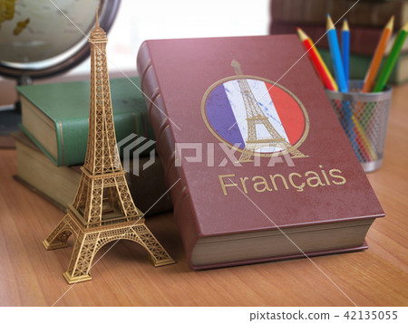 Learn French concept. Book with Eiffel tower - Stock Illustration ...