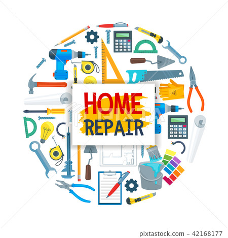 House repair poster with metal tools and materials - Stock Illustration ...