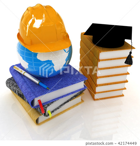 Hard hat and graduation hat on a leather books - Stock Illustration ...