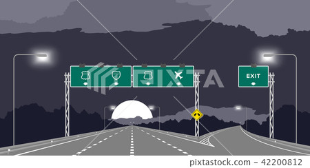 Y junction Highway or motorway and green signage - Stock Illustration ...