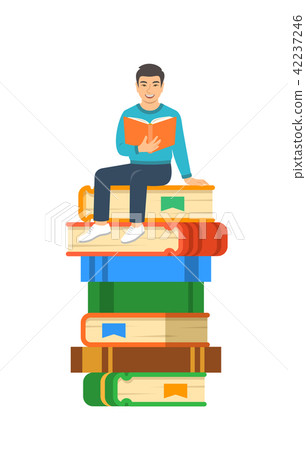 Young asian boy student sits on stack of books - Stock Illustration ...