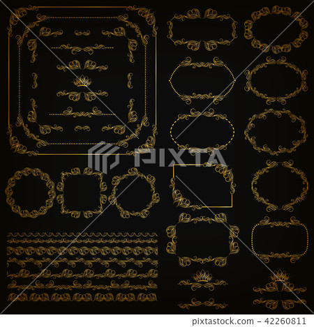 Set of gold decorative hand-drawn floral elements - Stock Illustration ...