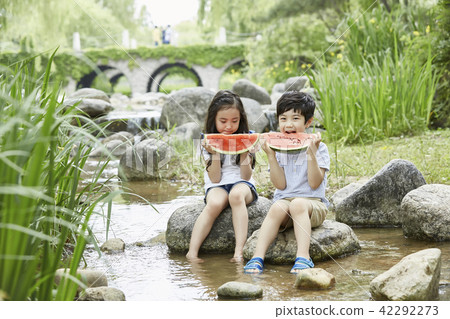 Summer, park, child, children, stream, valley,... - Stock Photo ...