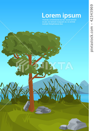 landscape pine mountain river reed outdoor... - Stock Illustration ...