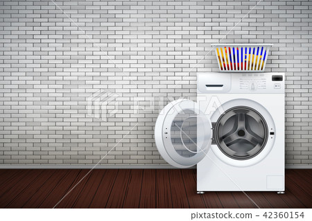 Laundry room of brick wall and washing machine - Stock Illustration ...